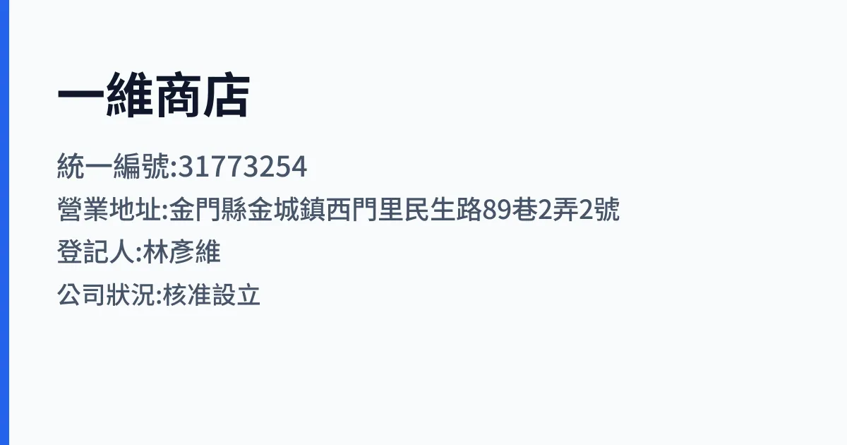 一維商店 - 統編 31773254(金門縣) 公司登記資料與營業項目詳細圖表