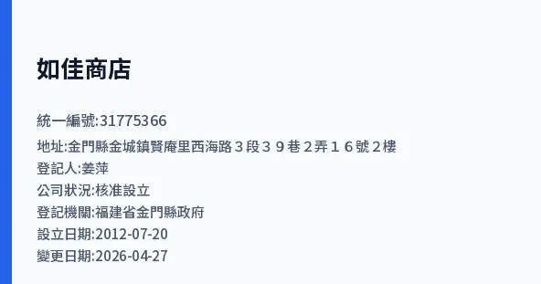 如佳商店的照片-統編 31775366(金門縣) 公司登記資料與營業項目詳細圖表