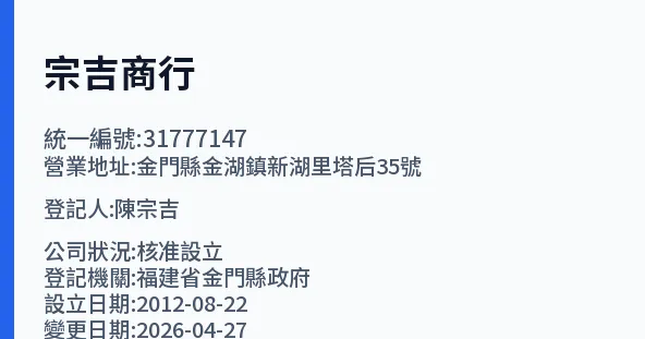 宗吉商行的照片-統編 31777147(金門縣) 公司登記資料與營業項目詳細圖表