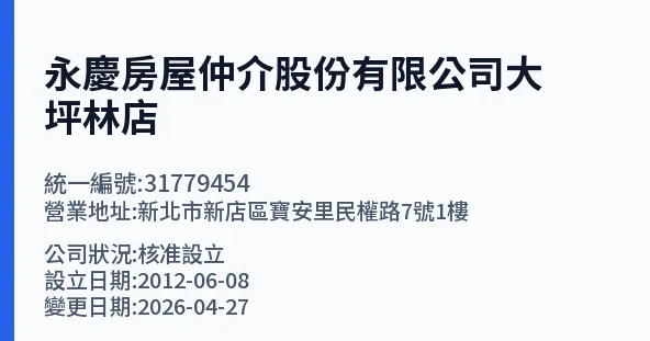 永慶房屋仲介股份有限公司大坪林店的照片-統編 31779454(新北市) 公司登記資料與營業項目詳細圖表