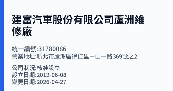 建富汽車股份有限公司蘆洲維修廠的照片-統編 31780086(新北市) 公司登記資料與營業項目詳細圖表