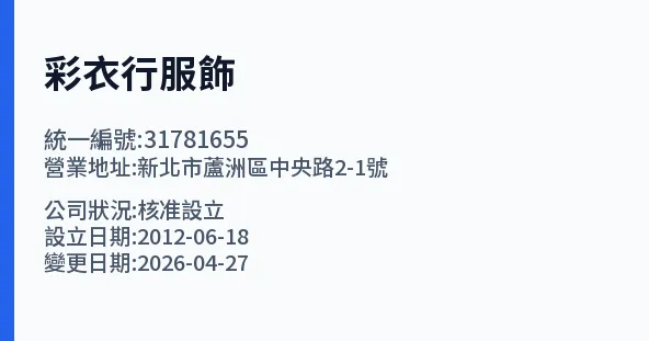 彩衣行服飾的照片-統編 31781655(新北市) 公司登記資料與營業項目詳細圖表