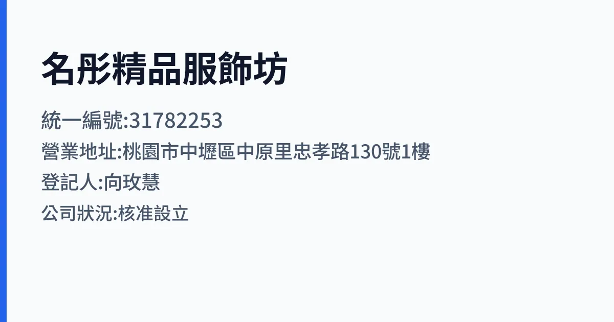 名彤精品服飾坊 - 統編 31782253(桃園市) 公司登記資料與營業項目詳細圖表