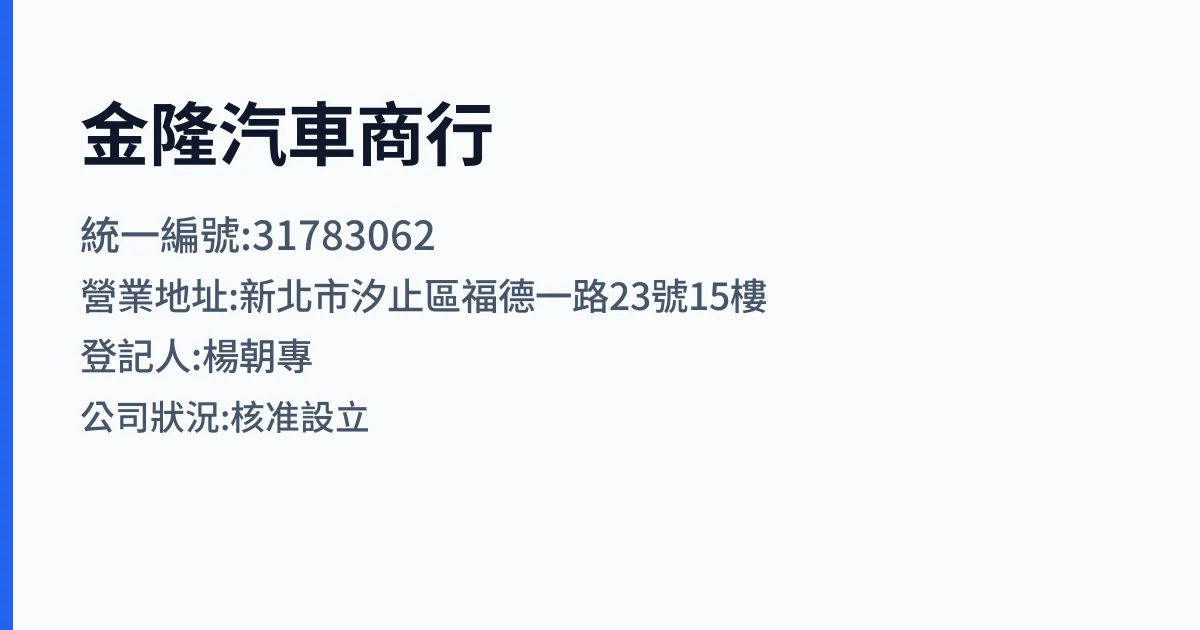 金隆汽車商行 - 統編 31783062(新北市) 公司登記資料與營業項目詳細圖表