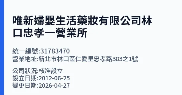 唯新婦嬰生活藥妝有限公司林口忠孝一營業所的照片-統編 31783470(新北市) 公司登記資料與營業項目詳細圖表