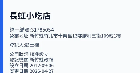 長虹小吃店的照片-統編 31785054(新竹縣) 公司登記資料與營業項目詳細圖表