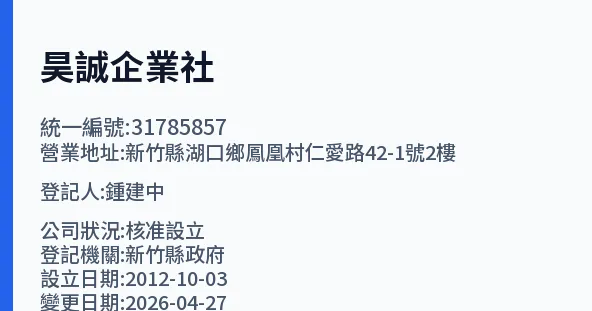 昊誠企業社的照片-統編 31785857(新竹縣) 公司登記資料與營業項目詳細圖表