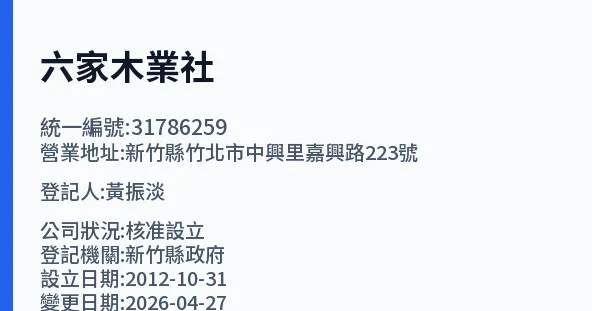 六家木業社的照片-統編 31786259(新竹縣) 公司登記資料與營業項目詳細圖表
