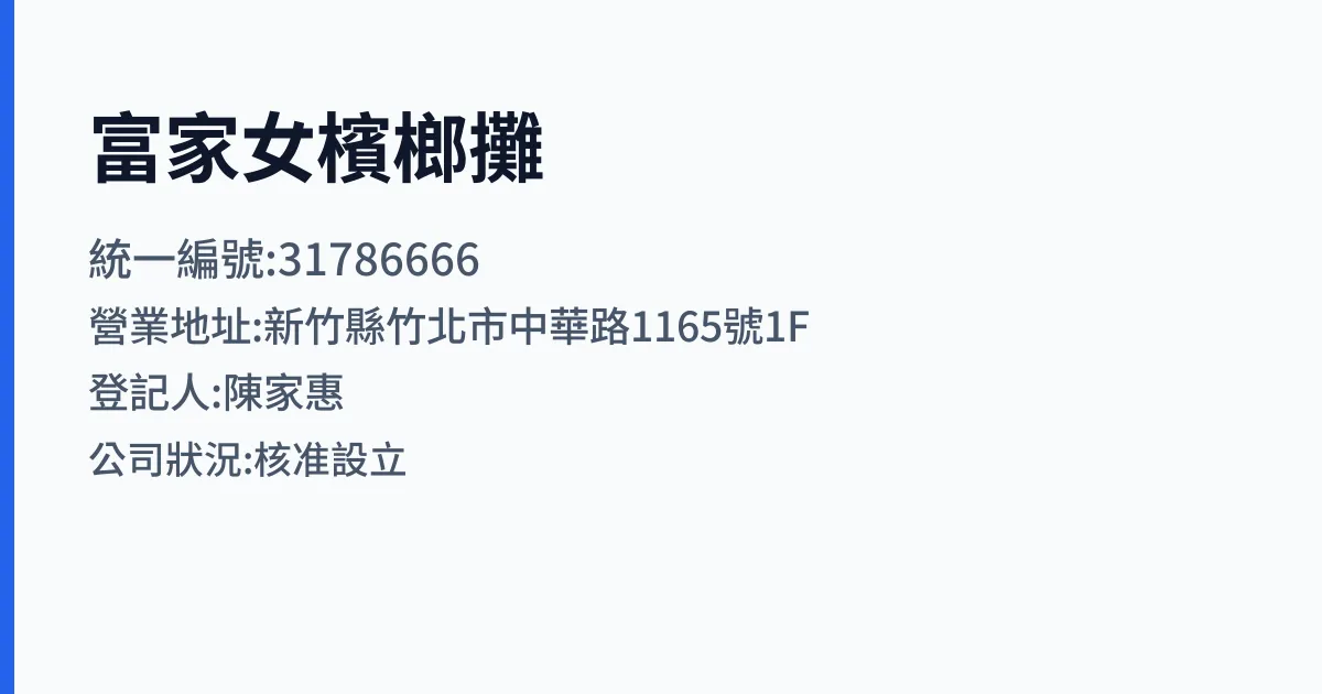 富家女檳榔攤 - 統編 31786666(新竹縣) 公司登記資料與營業項目詳細圖表