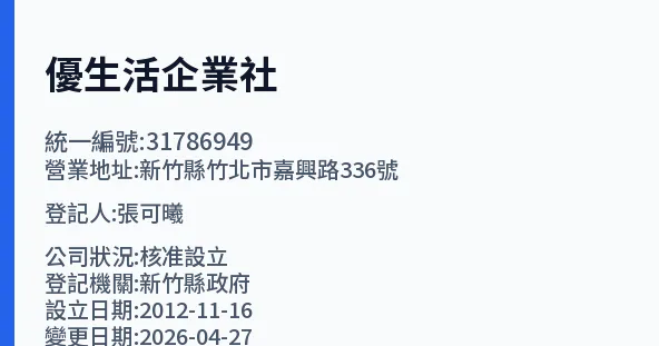 優生活企業社的照片-統編 31786949(新竹縣) 公司登記資料與營業項目詳細圖表