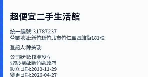 超便宜二手生活館的照片-統編 31787237(新竹縣) 公司登記資料與營業項目詳細圖表