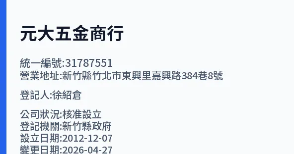 元大五金商行的照片-統編 31787551(新竹縣) 公司登記資料與營業項目詳細圖表