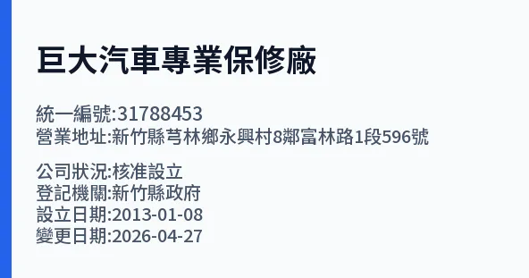 巨大汽車專業保修廠的照片-統編 31788453(新竹縣) 公司登記資料與營業項目詳細圖表
