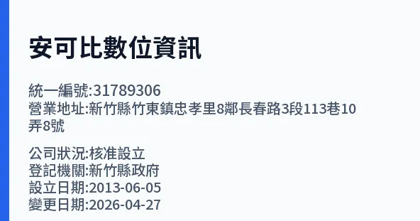 安可比數位資訊的照片-統編 31789306(新竹縣) 公司登記資料與營業項目詳細圖表