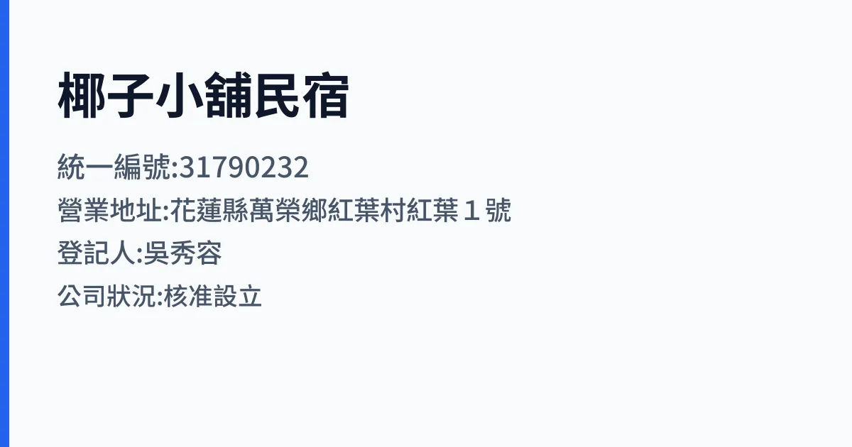 椰子小舖民宿 - 統編 31790232(花蓮縣) 公司登記資料與營業項目詳細圖表