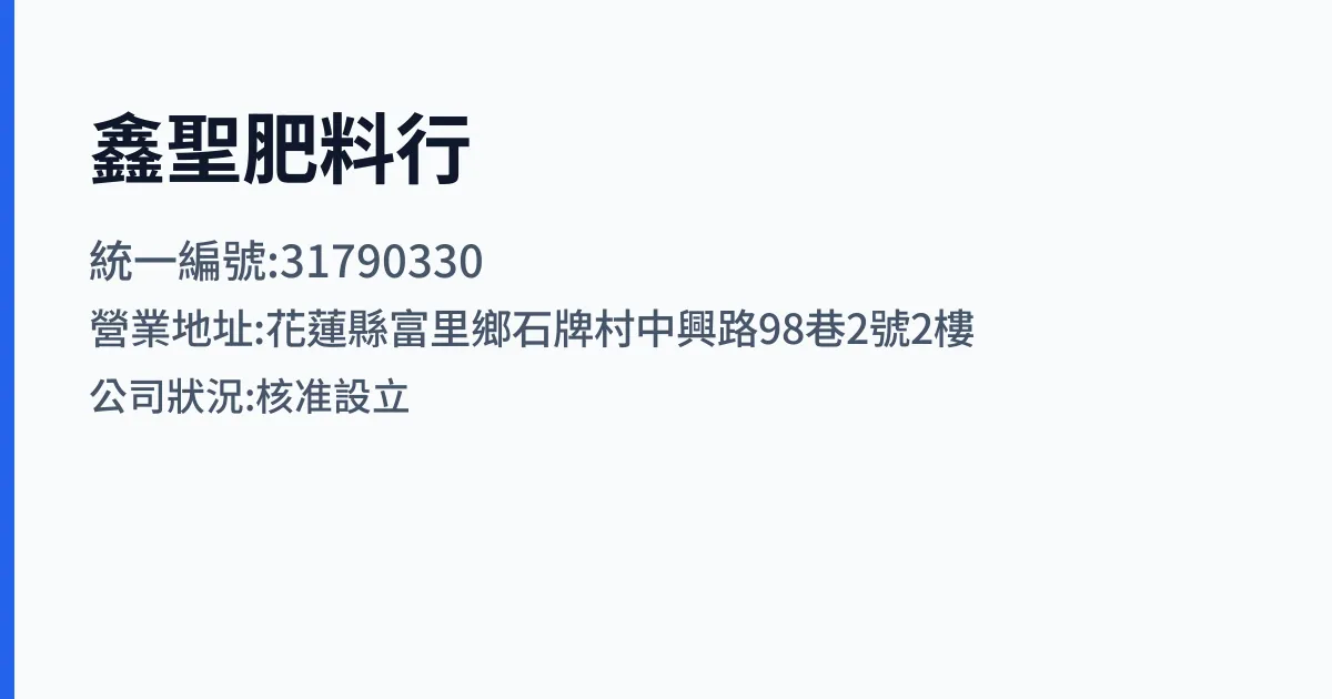 鑫聖肥料行 - 統編 31790330(花蓮縣) 公司登記資料與營業項目詳細圖表