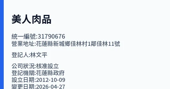 美人肉品的照片-統編 31790676(花蓮縣) 公司登記資料與營業項目詳細圖表