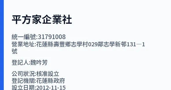 平方家企業社的照片-統編 31791008(花蓮縣) 公司登記資料與營業項目詳細圖表