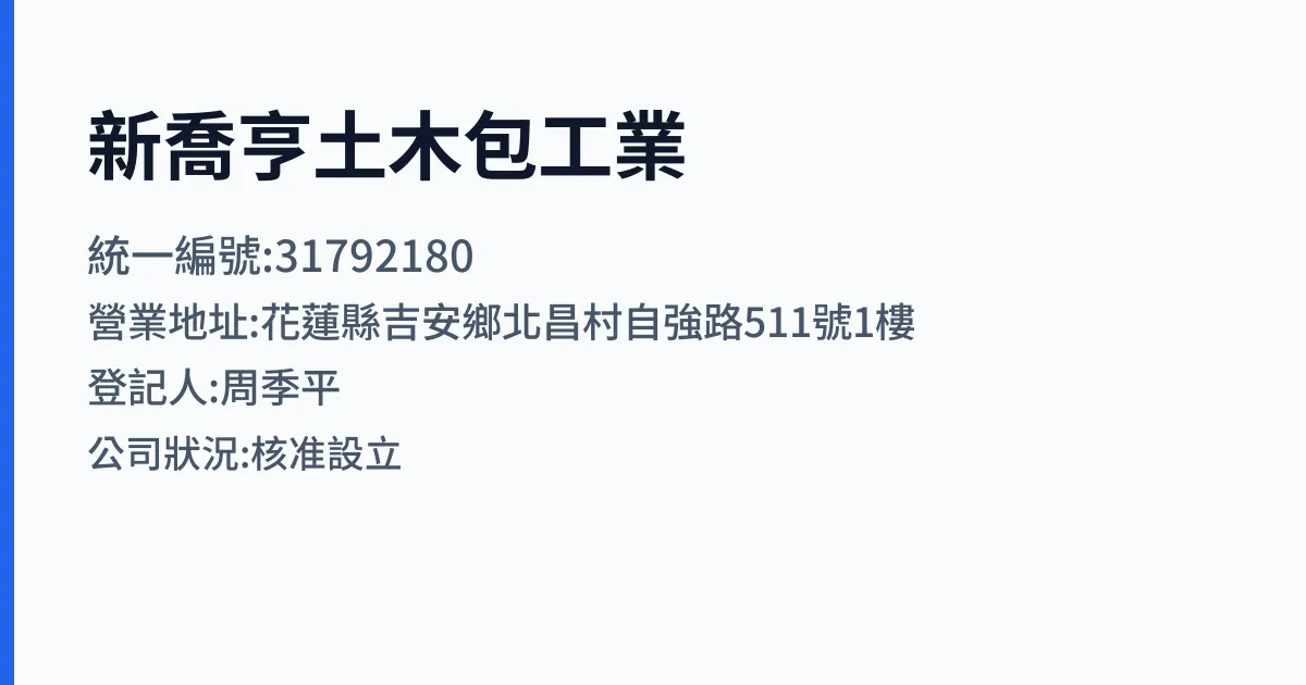 新喬亨土木包工業 - 統編 31792180(花蓮縣) 公司登記資料與營業項目詳細圖表