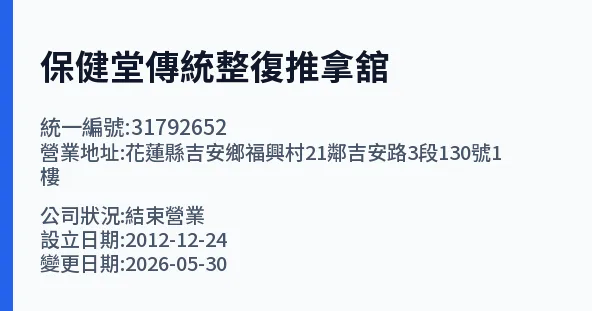 保健堂傳統整復推拿舘的照片-統編 31792652(花蓮縣) 公司登記資料與營業項目詳細圖表