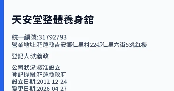 天安堂整體養身舘的照片-統編 31792793(花蓮縣) 公司登記資料與營業項目詳細圖表