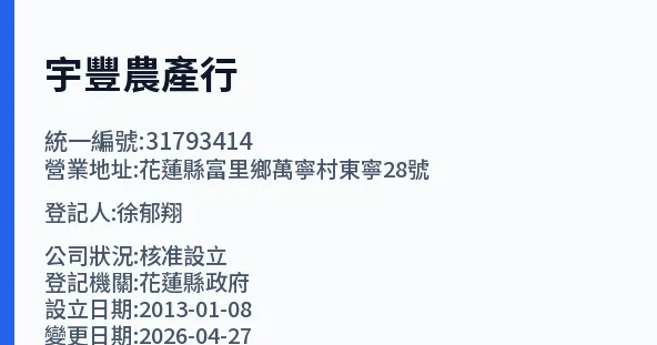 宇豐農產行的照片-統編 31793414(花蓮縣) 公司登記資料與營業項目詳細圖表