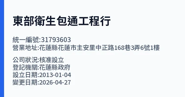 東部衛生包通工程行的照片-統編 31793603(花蓮縣) 公司登記資料與營業項目詳細圖表