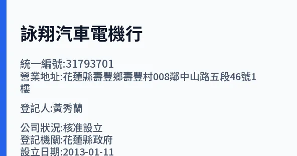 詠翔汽車電機行的照片-統編 31793701(花蓮縣) 公司登記資料與營業項目詳細圖表