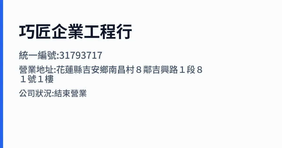 巧匠企業工程行 - 統編 31793717(花蓮縣) 公司登記資料與營業項目詳細圖表