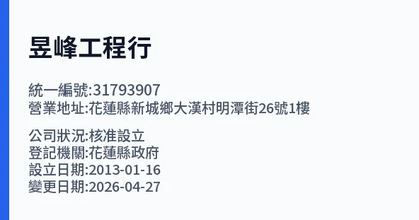 昱峰工程行的照片-統編 31793907(花蓮縣) 公司登記資料與營業項目詳細圖表