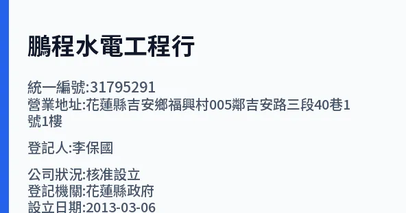 鵬程水電工程行的照片-統編 31795291(花蓮縣) 公司登記資料與營業項目詳細圖表