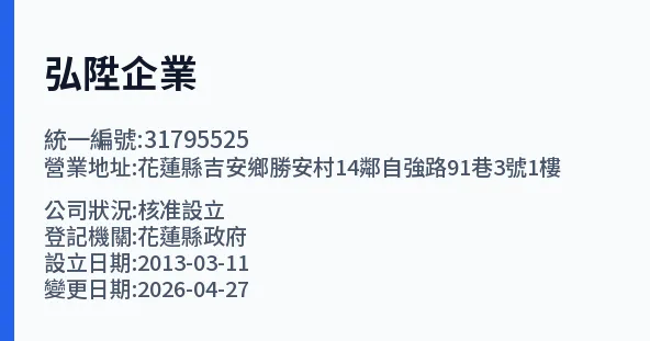 弘陞企業的照片-統編 31795525(花蓮縣) 公司登記資料與營業項目詳細圖表