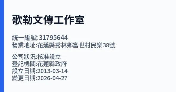 歌勒文傳工作室的照片-統編 31795644(花蓮縣) 公司登記資料與營業項目詳細圖表