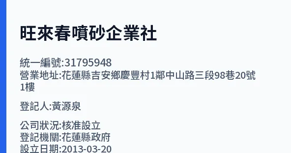 旺來春噴砂企業社的照片-統編 31795948(花蓮縣) 公司登記資料與營業項目詳細圖表