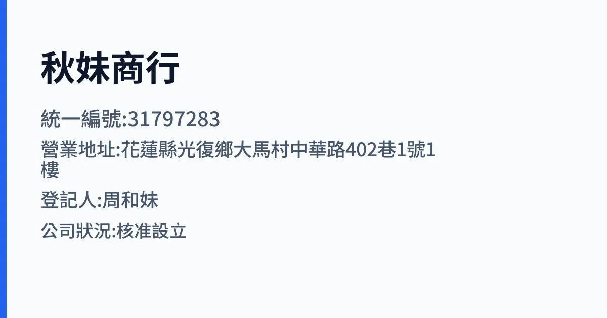 秋妹商行 - 統編 31797283（花蓮縣） 公司登記資料與營業項目詳細圖表