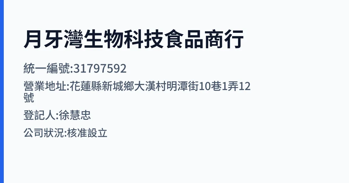 月牙灣生物科技食品商行 - 統編 31797592(花蓮縣) 公司登記資料與營業項目詳細圖表