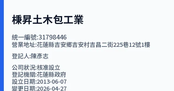 棅昇土木包工業的照片-統編 31798446(花蓮縣) 公司登記資料與營業項目詳細圖表