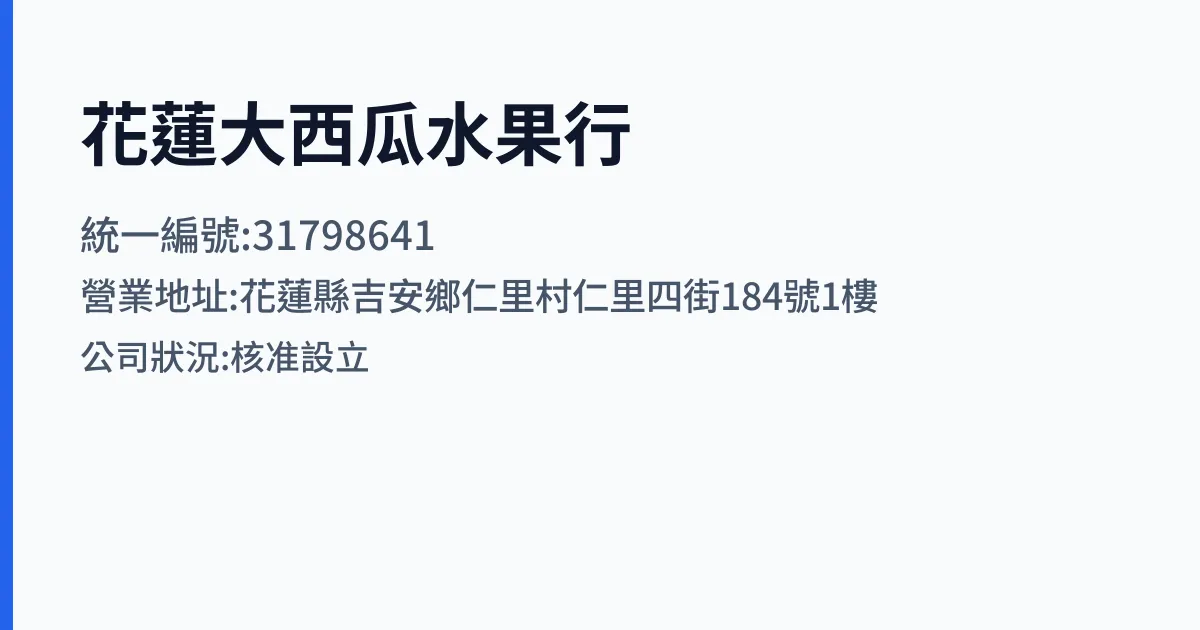 花蓮大西瓜水果行 - 統編 31798641(花蓮縣) 公司登記資料與營業項目詳細圖表