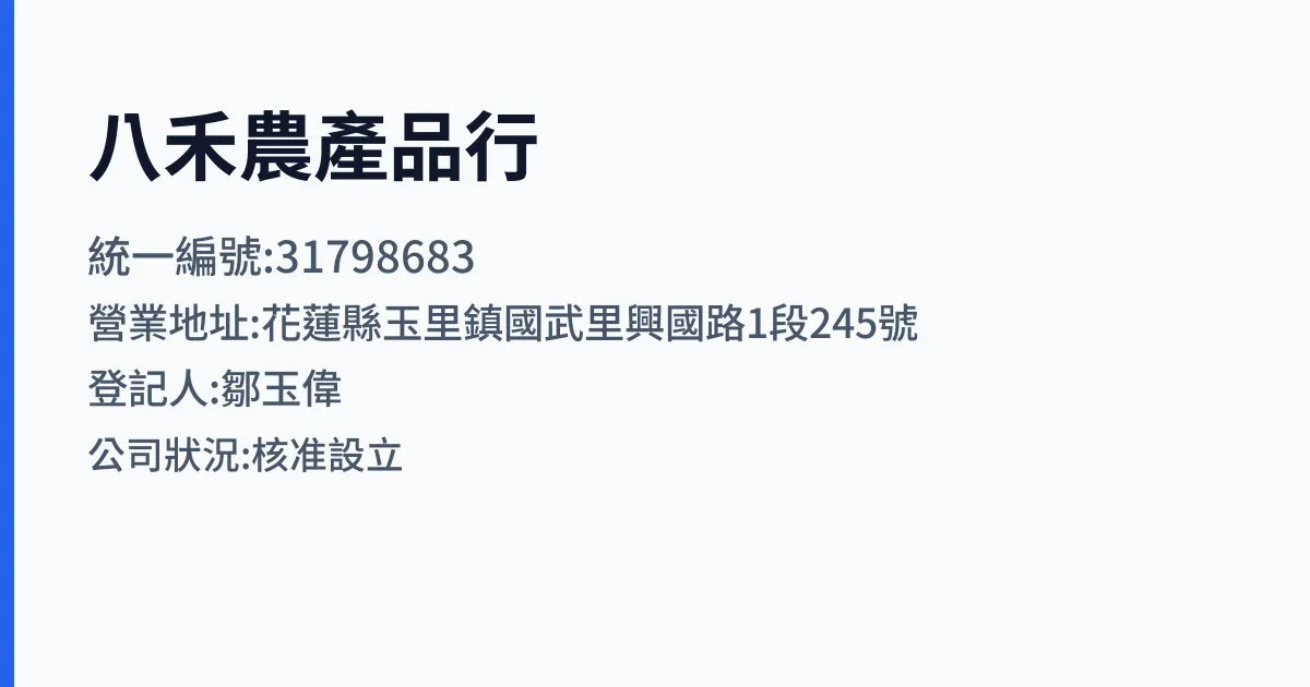 八禾農產品行 - 統編 31798683（花蓮縣） 公司登記資料與營業項目詳細圖表