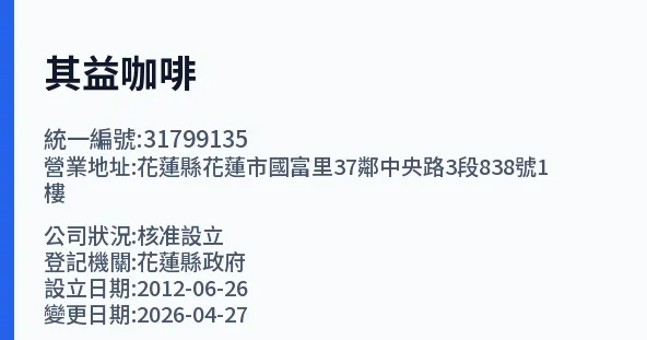其益咖啡的照片-統編 31799135(花蓮縣) 公司登記資料與營業項目詳細圖表