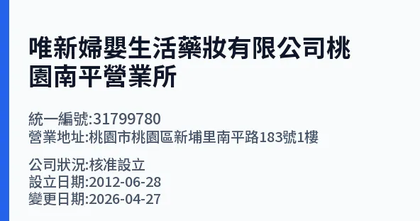唯新婦嬰生活藥妝有限公司桃園南平營業所的照片-統編 31799780(桃園市) 公司登記資料與營業項目詳細圖表