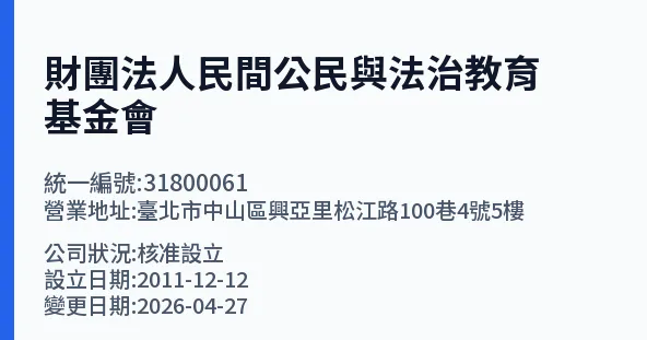財團法人民間公民與法治教育基金會的照片-統編 31800061(臺北市) 公司登記資料與營業項目詳細圖表