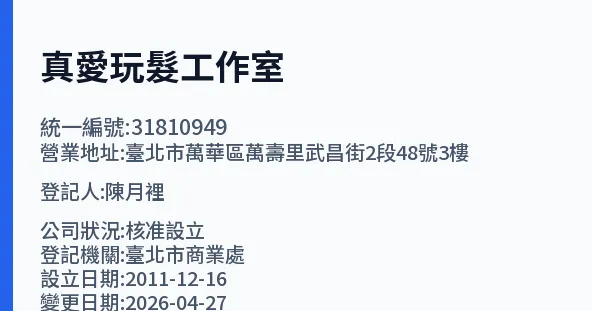 真愛玩髮工作室的照片-統編 31810949(臺北市) 公司登記資料與營業項目詳細圖表