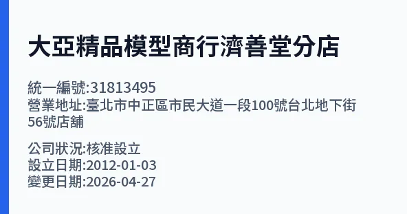 大亞精品模型商行濟善堂分店的照片-統編 31813495(臺北市) 公司登記資料與營業項目詳細圖表