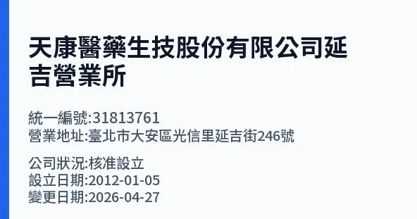 天康醫藥生技股份有限公司延吉營業所的照片-統編 31813761(臺北市) 公司登記資料與營業項目詳細圖表