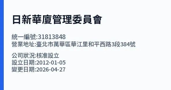 日新華廈管理委員會的照片-統編 31813848(臺北市) 公司登記資料與營業項目詳細圖表