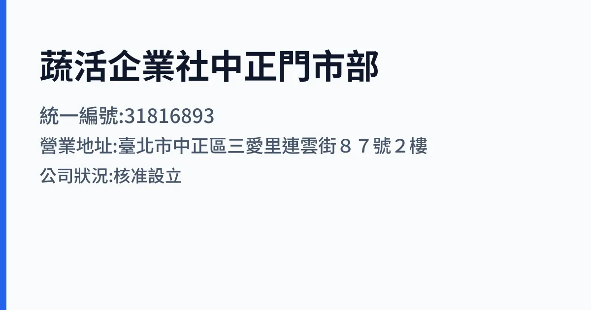 蔬活企業社中正門市部 - 統編 31816893(臺北市) 公司登記資料與營業項目詳細圖表