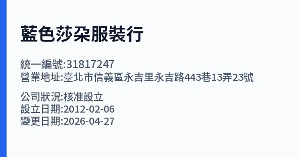 藍色莎朶服裝行的照片-統編 31817247(臺北市) 公司登記資料與營業項目詳細圖表