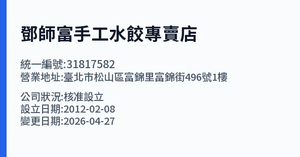 鄧師富手工水餃專賣店的照片-統編 31817582(臺北市) 公司登記資料與營業項目詳細圖表