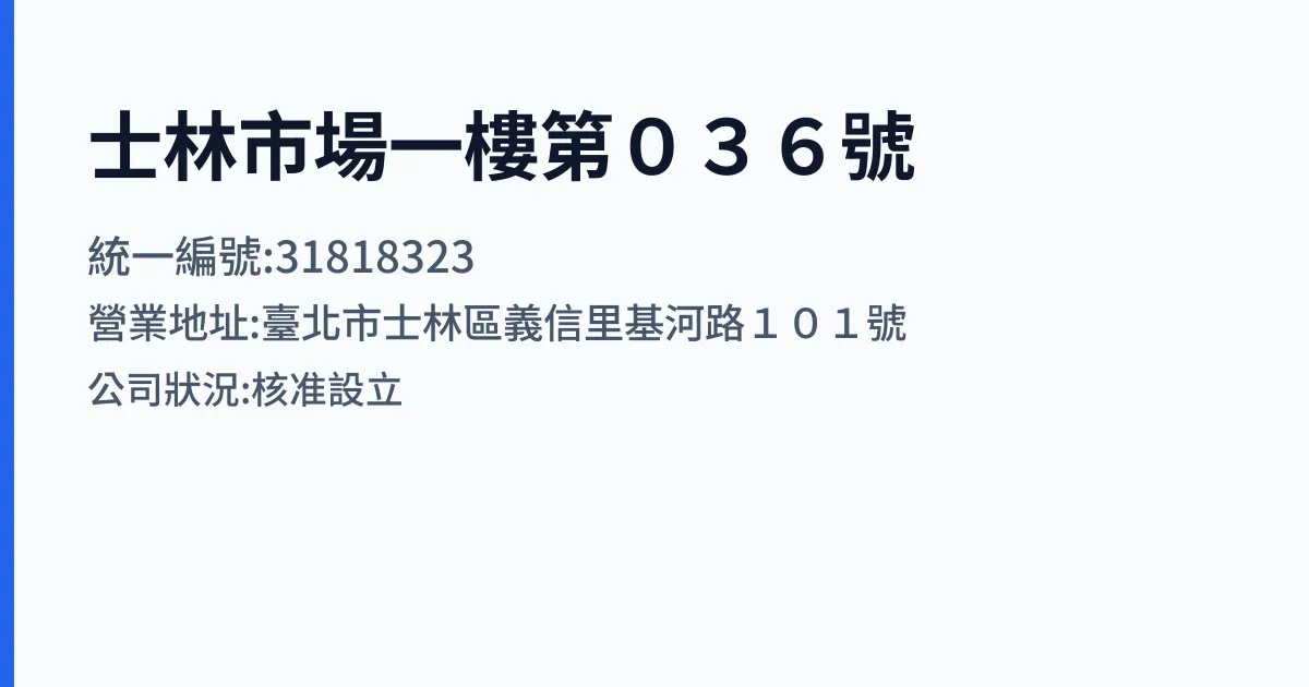 士林市場一樓第036號 - 統編 31818323(臺北市) 公司登記資料與營業項目詳細圖表